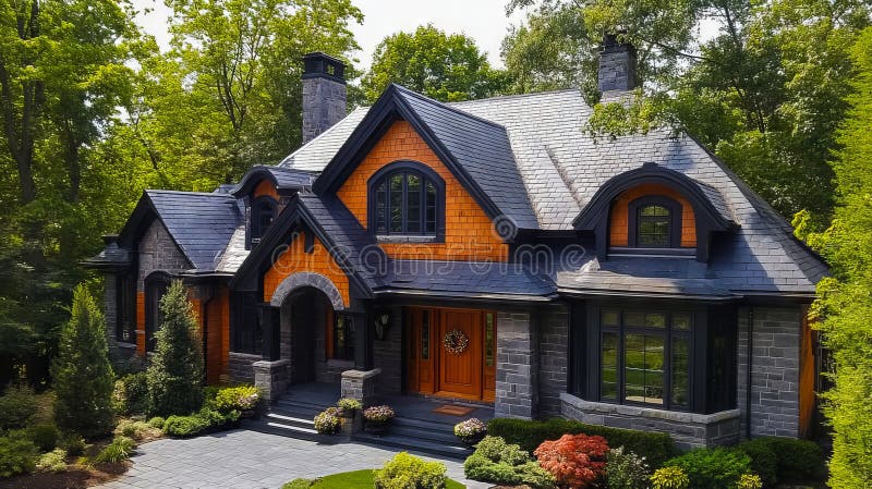 A Large House with a Black Roof and Orange Trim Stock Photo - Image of ...