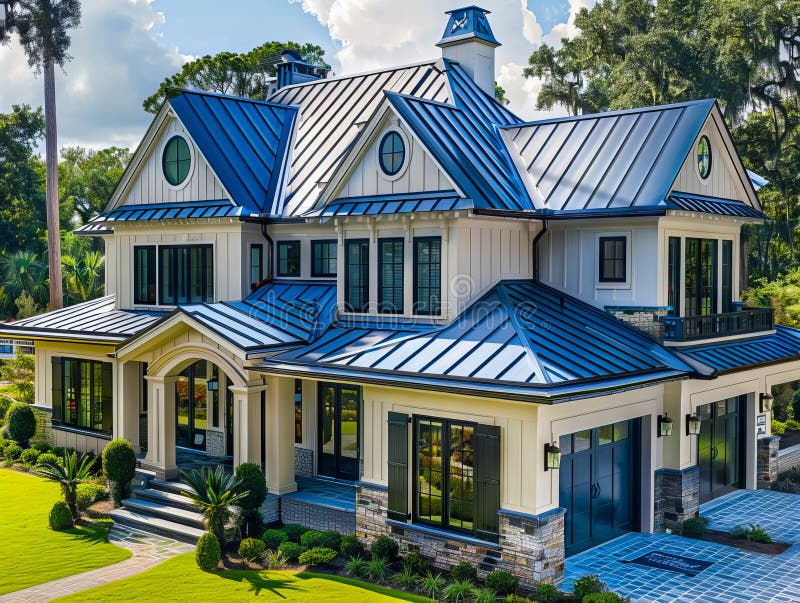 A Large House with a Blue Roof Stock Photo - Image of pillar, exterior ...