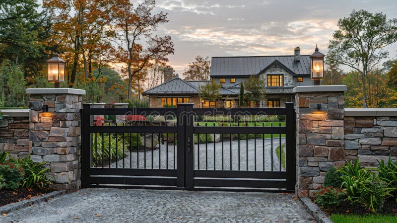Large House with Driveway and Gate Stock Image - Image of entryway ...