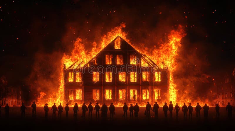 Large House Engulfed in Flames at Night with Silhouetted Crowd Watching ...