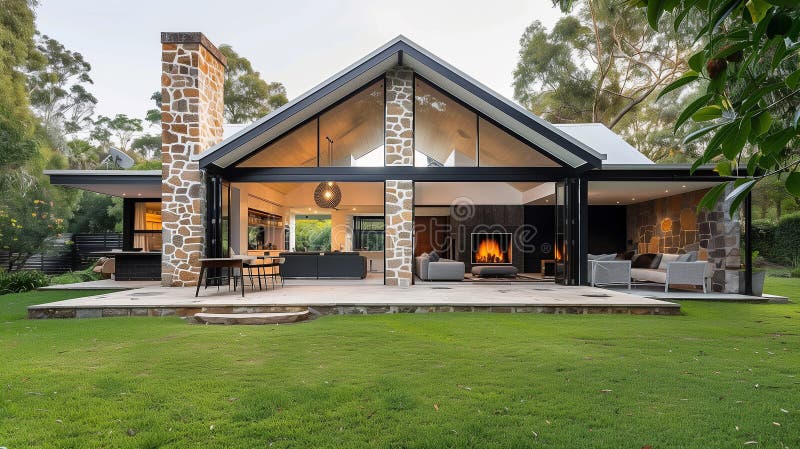 A Large House with a Fireplace and a Large Open Living Room Stock ...