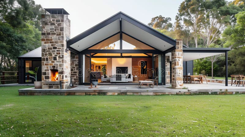 A Large House with a Fireplace and a Large Open Living Room Stock ...