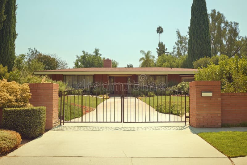 Large House with a Gate and a Red Brick Wall Stock Image - Image of ...