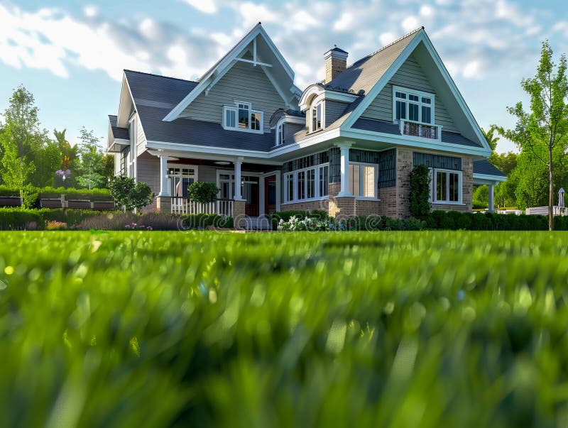 A Large House with Green Grass and Trees Stock Image - Image of real ...