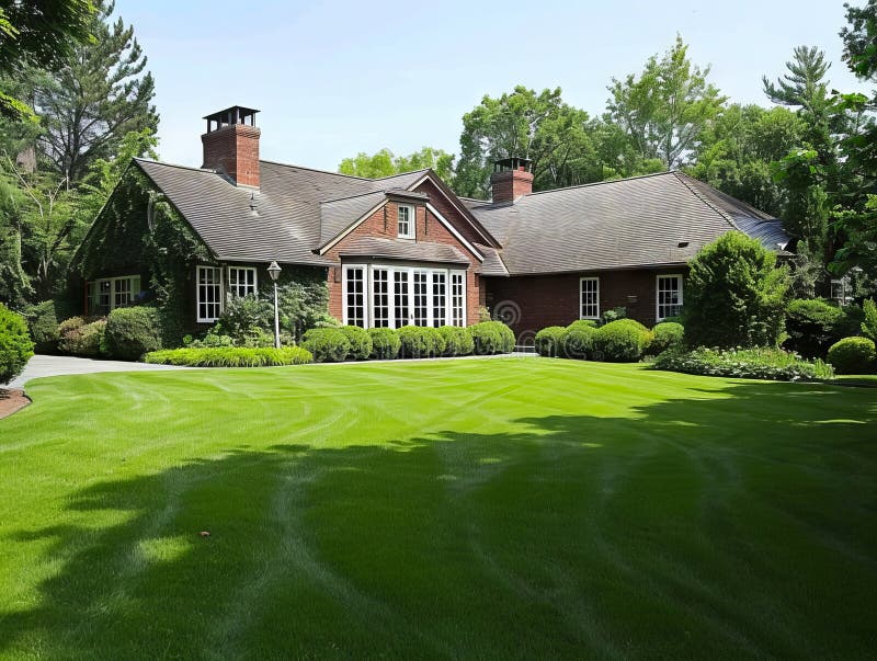 A Large House with a Green Lawn and Trees Stock Photo - Image of garden ...