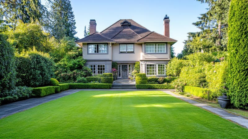 A Large House with a Lawn and Hedges Stock Illustration - Illustration ...