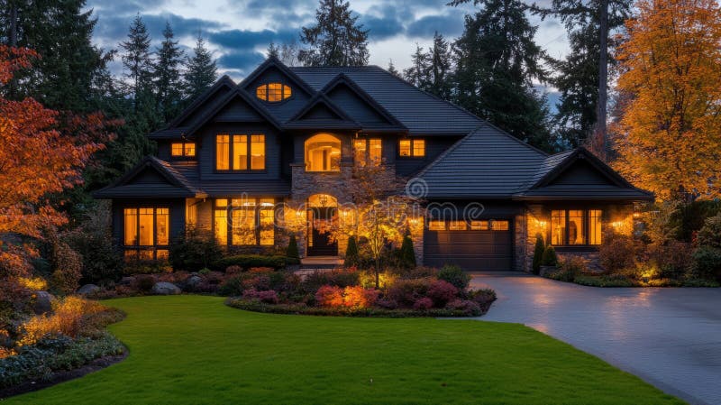A Large House with Lights on in the Evening Time, AI Stock Image ...