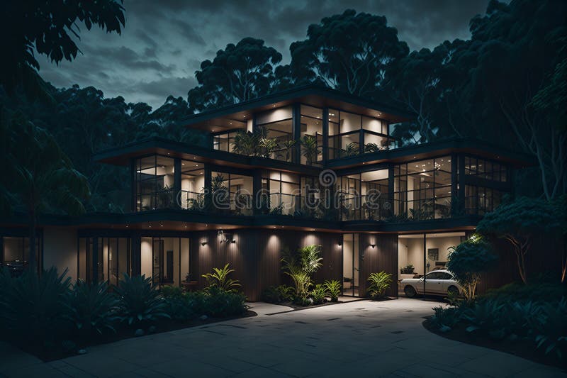 A Large House with a Lot of Windows at Night Created with Generative AI ...