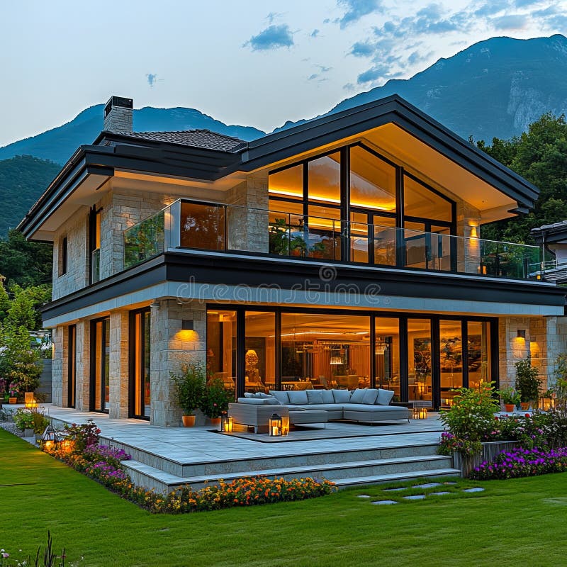 A Large House with a Lot of Windows and a Patio Stock Image - Image of ...