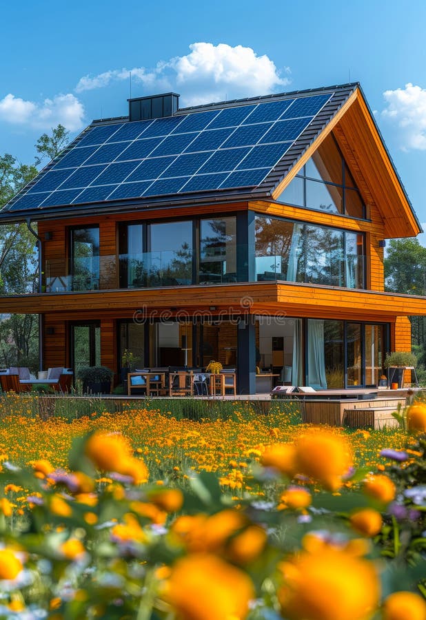 A Large House with a Lot of Windows and a Solar Panel on the Roof Stock ...