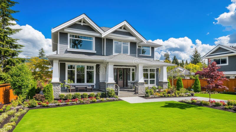 A Large House with a Nice Lawn and Landscaping Stock Illustration ...