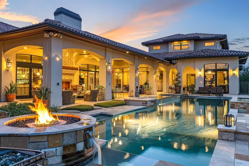 Large House with a Pool and a Fire Pit Stock Photo - Image of poolside ...