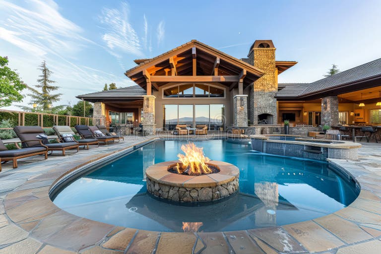 Large House with a Pool and a Fire Pit Stock Photo - Image of style ...