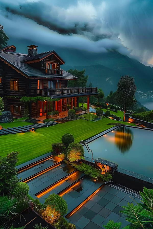 A Large House with a Pool in the Middle of it Stock Photo - Image of ...