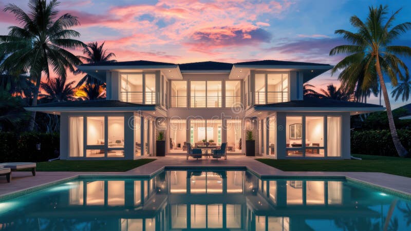 A Large House with a Pool and Palm Trees in the Backyard, AI Stock ...