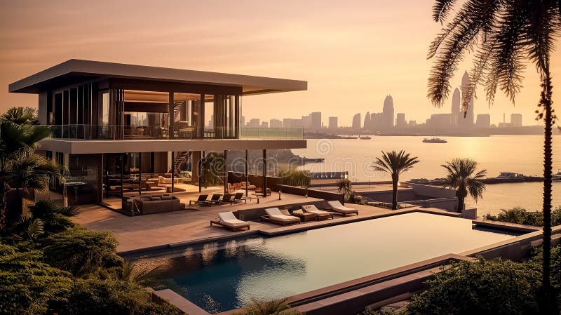 A Large House with a Pool and a View of the Water. Stock Image - Image ...