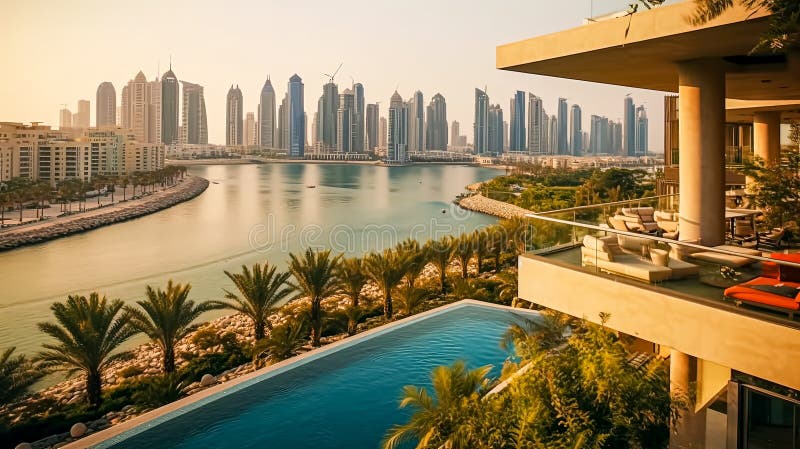 A Large House with a Pool and a View of the Water. Stock Photo - Image ...