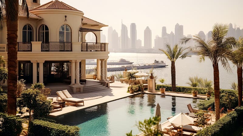 A Large House with a Pool and a View of the Water Stock Image - Image ...