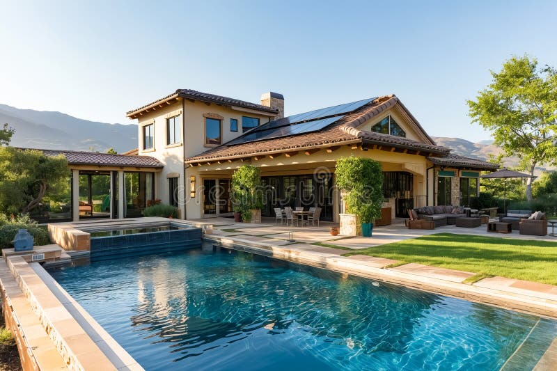 A Large House with a Swimming Pool in the Backyard Stock Image - Image ...