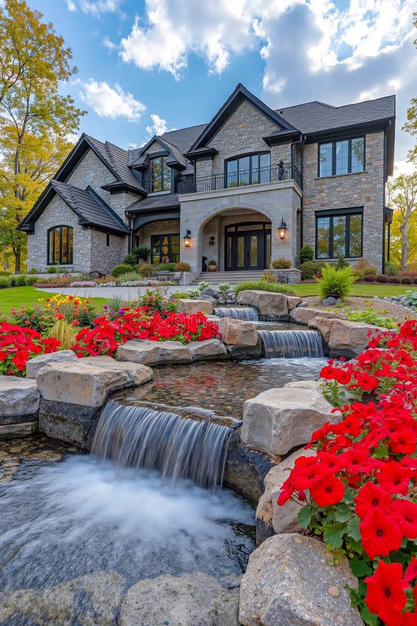 A Large House with a Waterfall in Front of it Stock Image - Image of ...