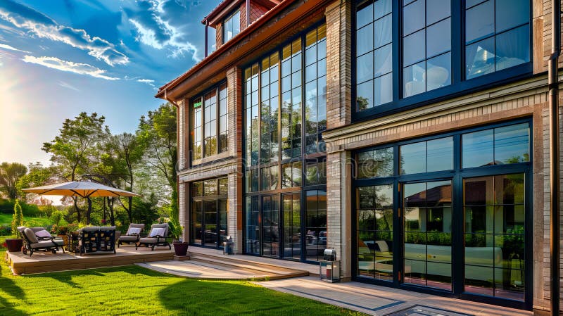 A Large House with Large Windows and a Patio Stock Photo - Image of ...