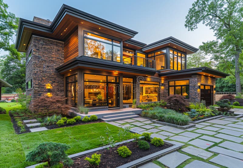 A Large House with a Large Yard and a Driveway Stock Photo - Image of ...