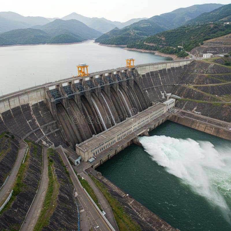A Large Hydroelectric Dam with Multiple Spillways, Releasing Water into ...