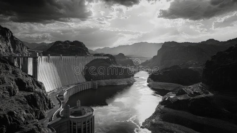 Powerful Dam Releasing Water in a Dramatic Black and White Scene Stock ...