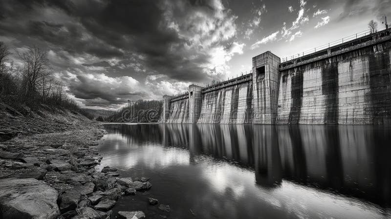 Powerful Dam Releasing Water in a Dramatic Black and White Scene Stock ...