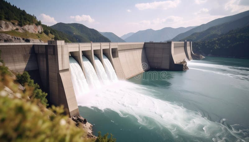 Large Hydroelectric Dam with Water Flowing through Its Spillways Stock ...