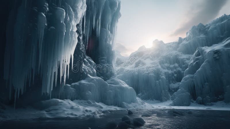 A Large Ice Cave Filled with Lots of Ice and Snow Covered Rocks and Ice ...