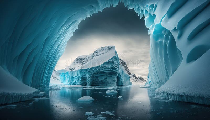 A Large Ice Cave with Ice Chunks and Ice Chunks on the Ground. Stock ...