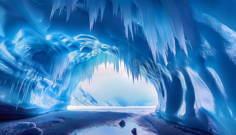 A Large Ice Cave with Icicles Hanging from the Ceiling Stock ...