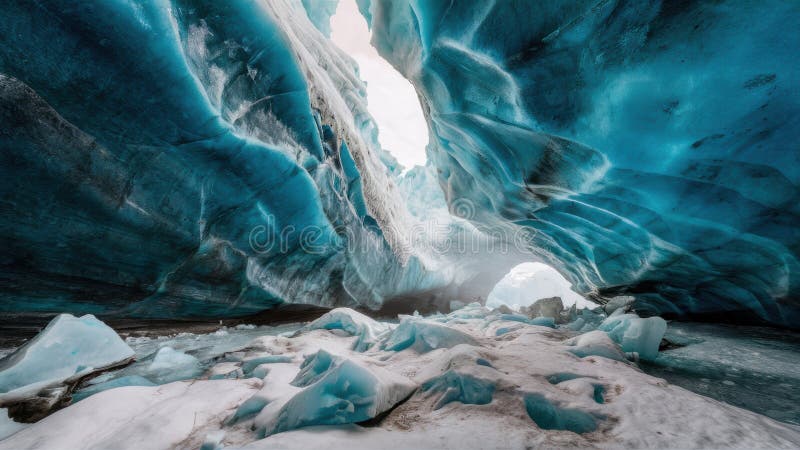 A Large Ice Cave with a Lot of Snow and Water, AI Stock Photo - Image ...