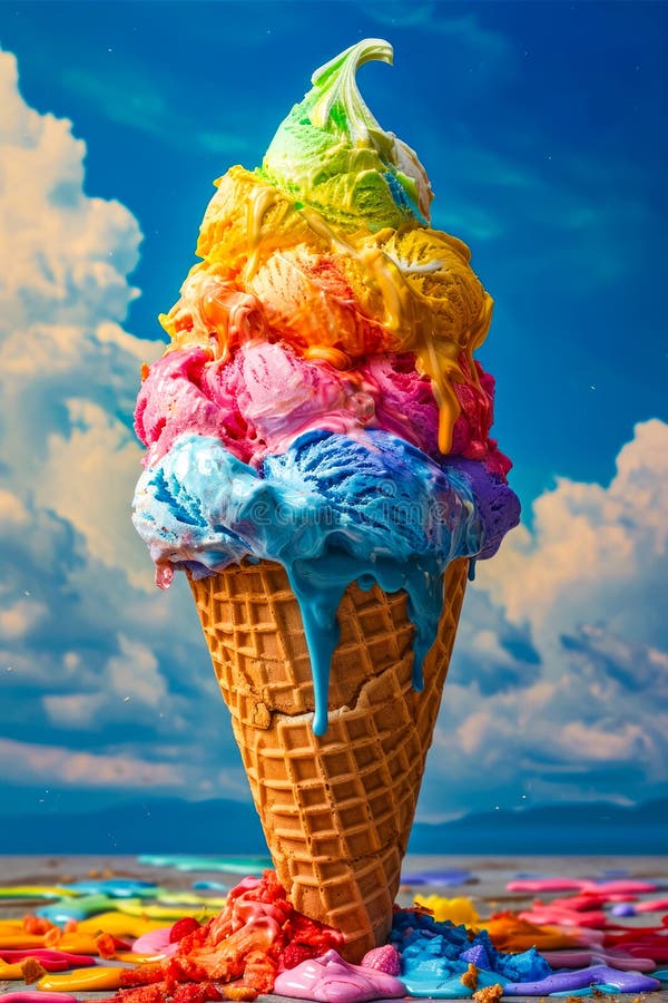Large Ice Cream Cone with Many Different Colored Ice Cream Inside of it ...