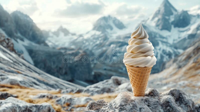 Large Ice Cream Cone Placed on a Textured Rock in a Natural Outdoor ...