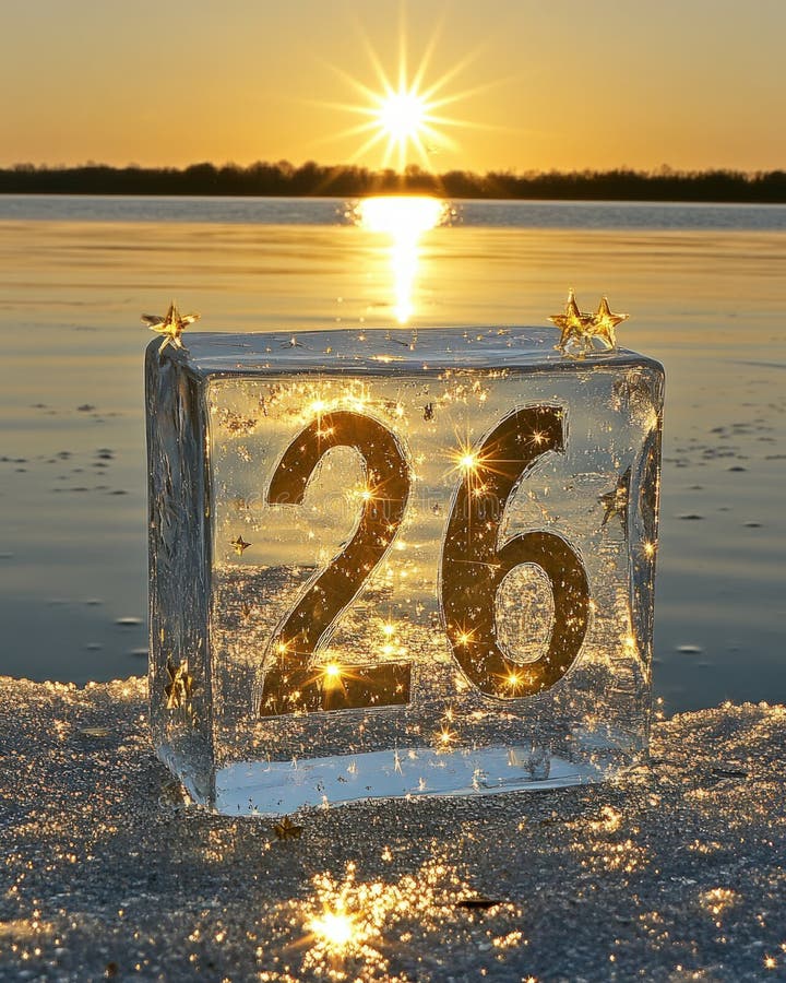 Large Ice Cube Displaying Number 26 on a Sparkling Frozen Surface Under ...