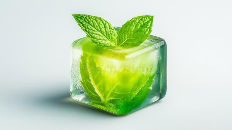 Large Ice Cube with Embedded Mint Leaf for Refreshing Drink Stock ...