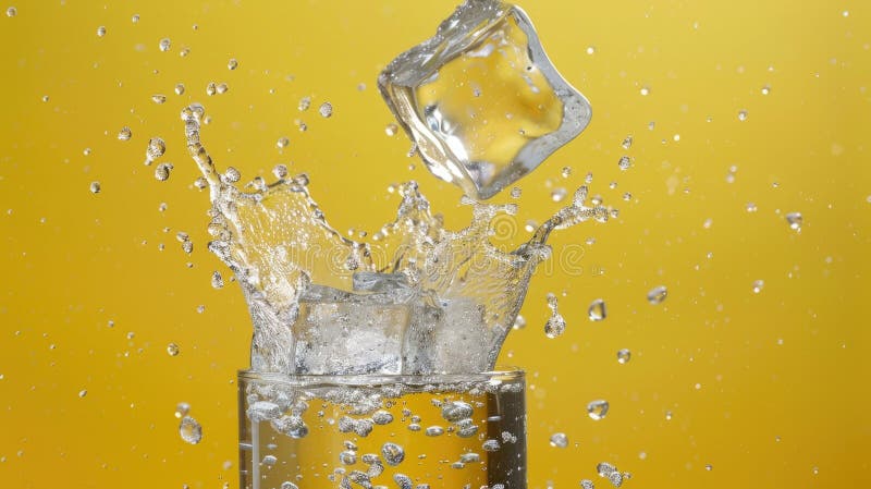 Large Ice Cube, Yellow Background, Summer Splashdown a Giant Ice Cube ...