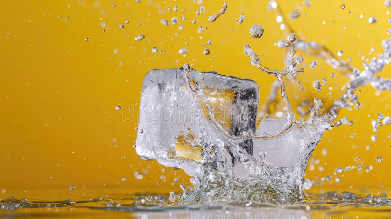 Large Ice Cube, Yellow Background, Summer Splashdown a Giant Ice Cube ...