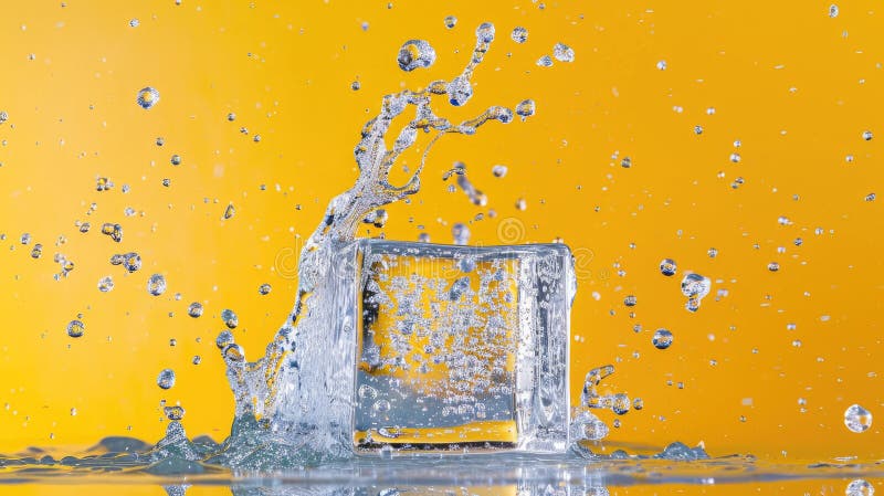 Large Ice Cube, Yellow Background, Summer Splashdown a Giant Ice Cube ...