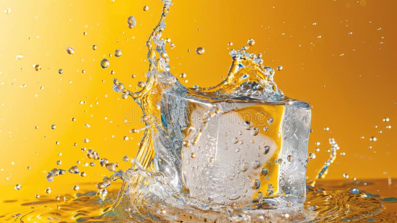 Large Ice Cube, Yellow Background, Summer Splashdown a Giant Ice Cube ...