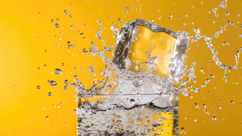 Large Ice Cube, Yellow Background, Summer Splashdown a Giant Ice Cube ...