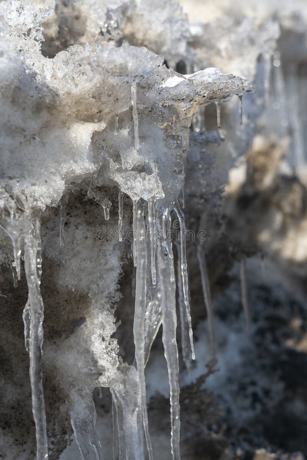 Large Ice Icicles on a Snow Dump. Stock Image - Image of glacier ...