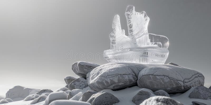 A Large Ice Sculpture Sitting on Top of a Pile of Rocks Stock Image ...