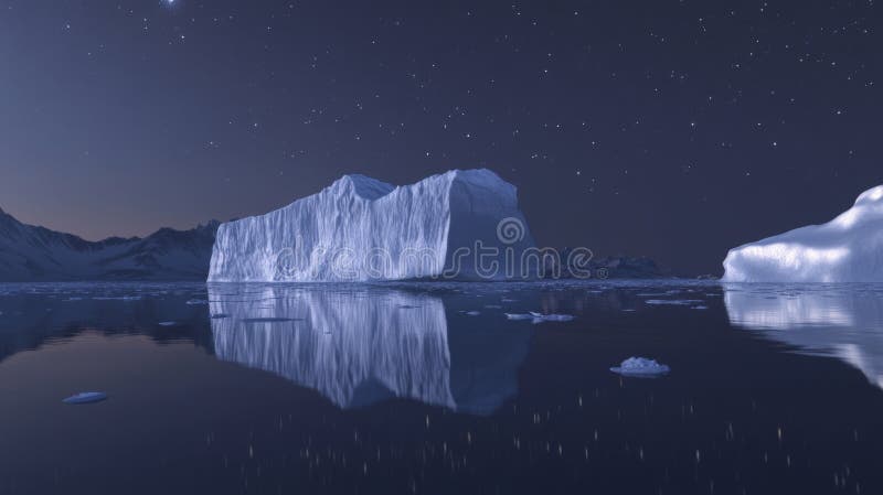 A Large Iceberg Floating in Still Water Under a Starry Night Sky Stock ...