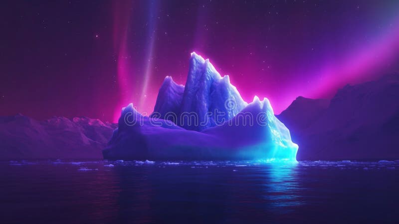 A Large Iceberg Glows Under a Vibrant Aurora Borealis Stock ...