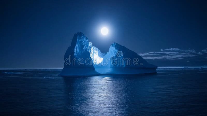 A Large Iceberg Illuminated by Moonlight in a Midnight Sea Stock ...