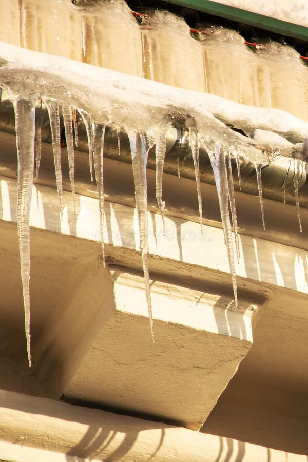 Large Icicles on the Roof Edge Closeup Stock Image - Image of seasonal ...