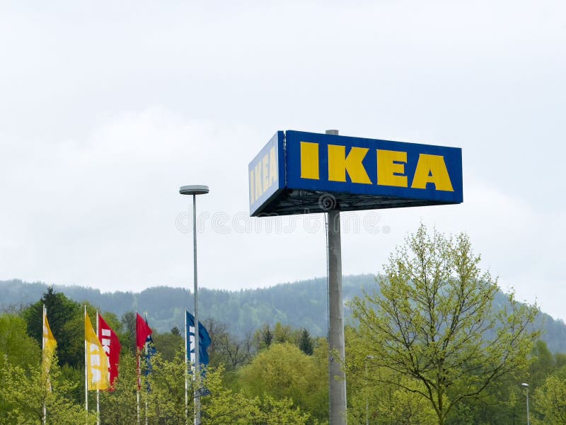Large Ikea Store Sign with Flags Against Scenic Nature Background ...